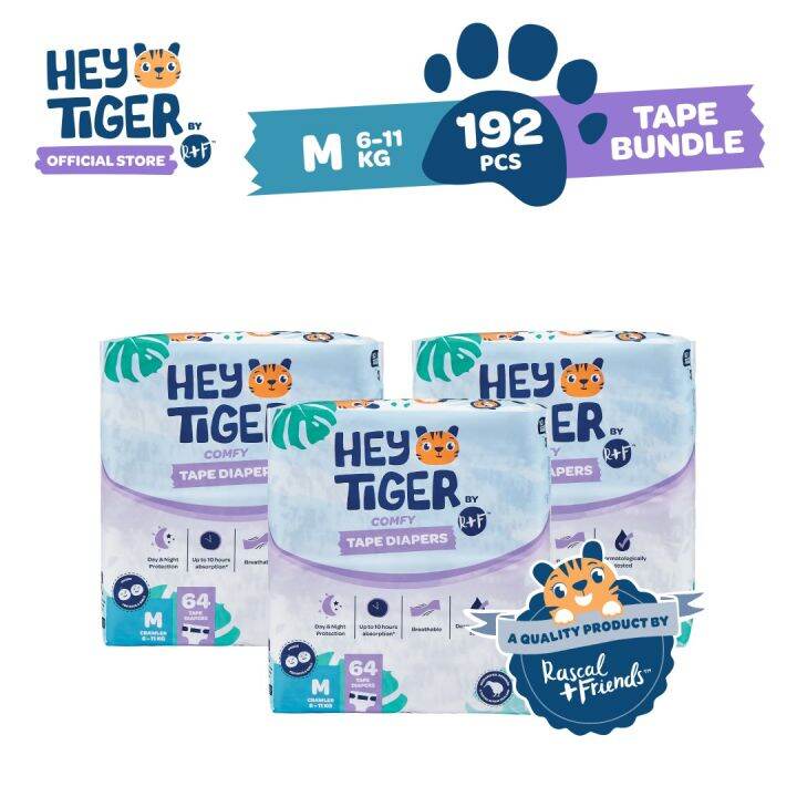 HEY TIGER Tape DIapers MEDIUM (6-11 kg) - Bundle Pack 192pcs (64 pcs x 3 Jumbo Packs) | Lazada PH