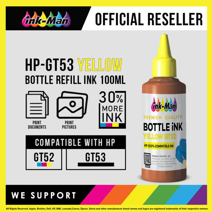 HP GT52 GT 52 YELLOW 100ml Compatible ink for HP Printer (inkMan ...