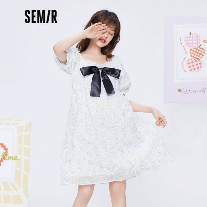 Semir ชุดผู้หญิงโบว์สีขาวแสงจันทร์เนื้อหลวม2022ฤดูร้อนใหม่รักครั้งแรกพัฟแขนชุดสั้นเวอร์ชั่น ...