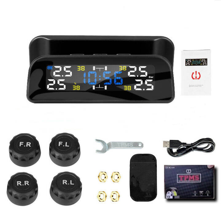 Solar Car TPMS Digital Clock Tire Pressure Monitoring System LCD Display 360 Rotation Tyre ...
