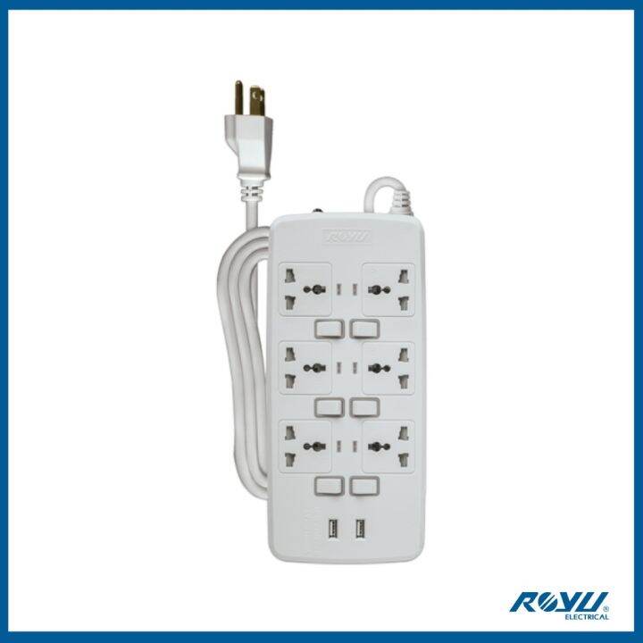 Royu 6 Gang Power Extension Cord with Individual Switches and 2 USB ...
