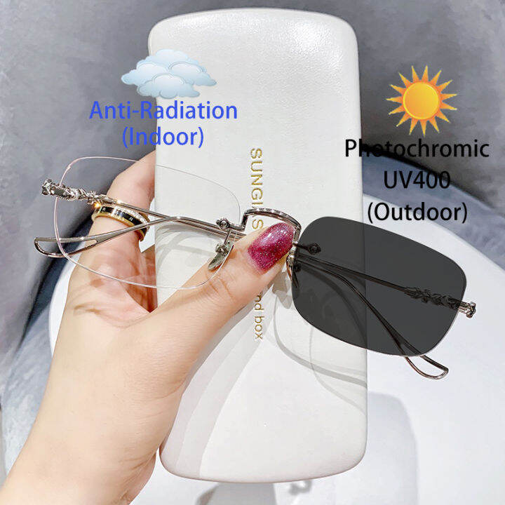 Photochromic Anti Radiation Rimless Eyeglasses For Women Men Transition ...