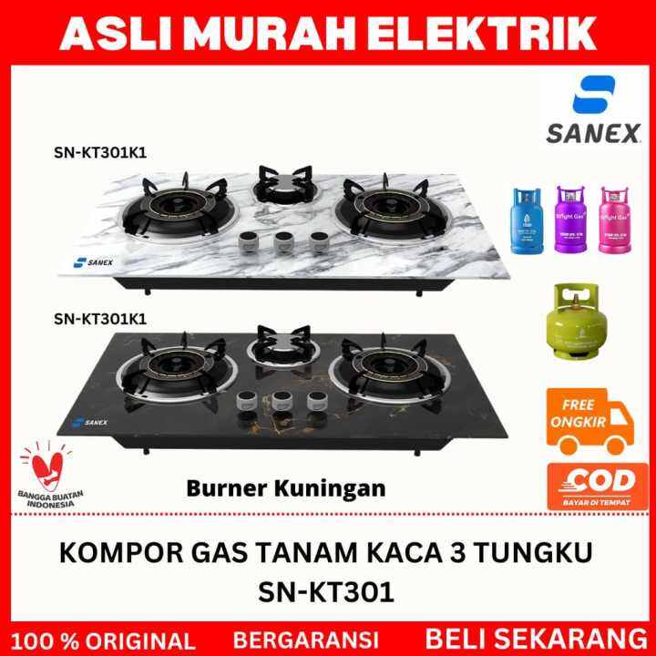 KOMPOR SANEX TANAM KACA 3 TUNGKU SN-KT301 2 IN 1//MARBLE SERIES//API TORNADO//KOMPOR WARNA HITAM ...