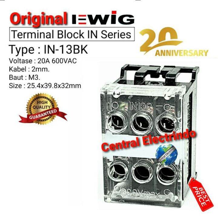 Terminal Block Blok IN-13BK 3Pole 20A Din Rail EWIG. | Lazada Indonesia