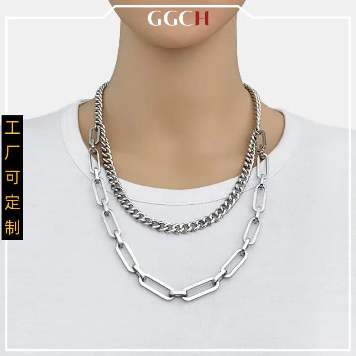 GGCH ใหม่- INS สร้อยคอเหล็กไทเทเนียมเย็บสองชั้นสไตล์เย็น Hip-Hop เย็น ...