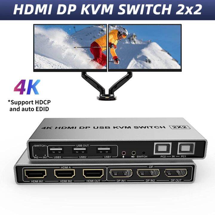 4K DP 2x สวิตช์ KVM สำหรับ HDMI 2จอภาพคู่ HDMI DisplayPort KVM Switch 2 ...