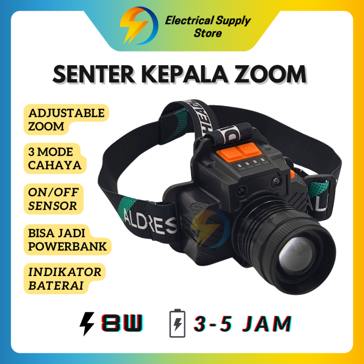 SENTER KEPALA ZOOM LED T-8 8W IPX4 RECHARGEABLE SUPER TERANG JARAK JAUH ...