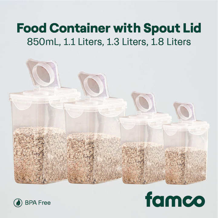 Famco Food Containers with Spout Lid 850ml/1.1L/1.3L/1.8L, Transparent ...