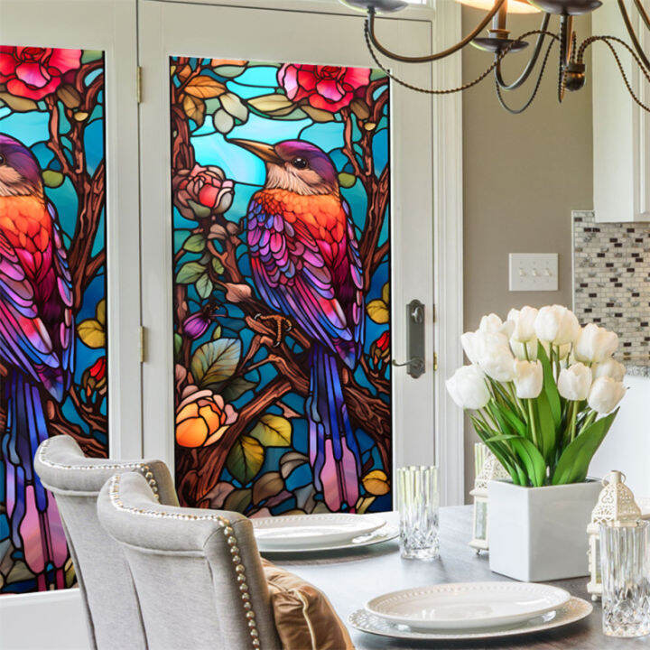 Window Privacy Film Static Cling Colorful Hummingbird Stained Glass ...