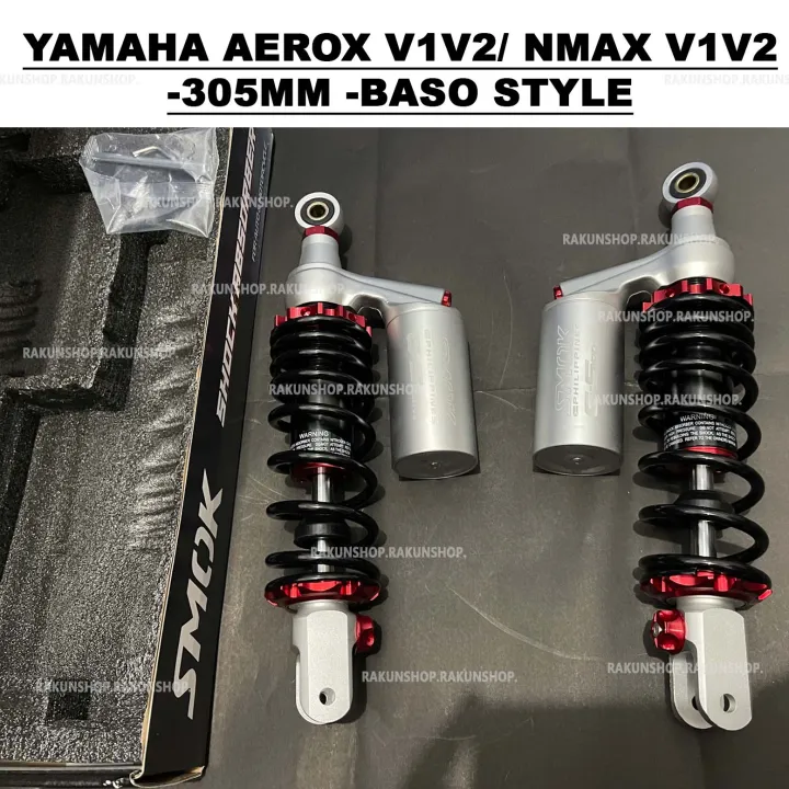 YAMAHA NMAX AEROX V1 V2 305mm Silver/Black Rear shock absorbers BASO ...