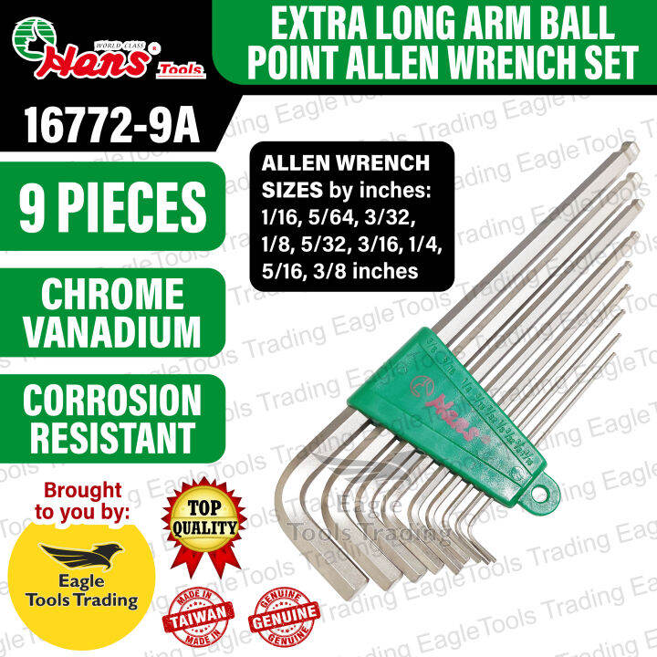 Hans Extra Long Arm Ballpoint Allen Wrench Set 1/16"-3/8" 9 Pieces ...