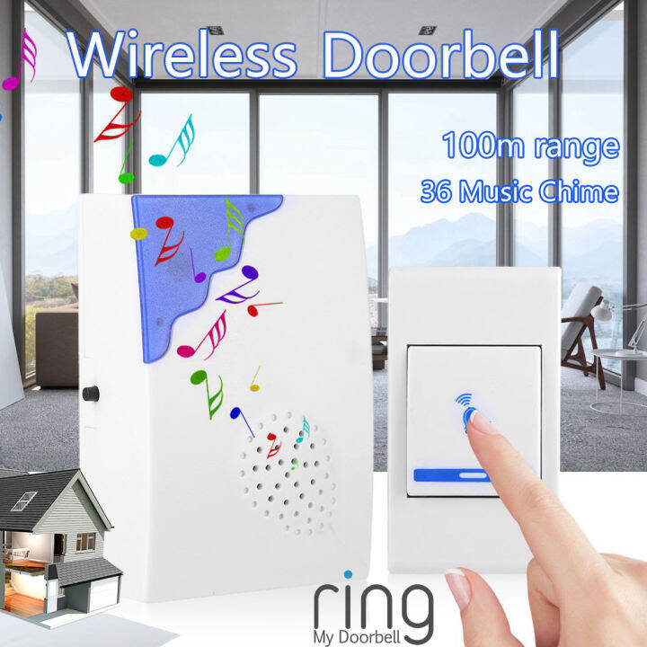ออดไร้สาย กระดิ่งดนตรี ระฆัง รีโมทคอนโทรลระยะไกล 100 ม กริ่งประตูบ้านทน ...