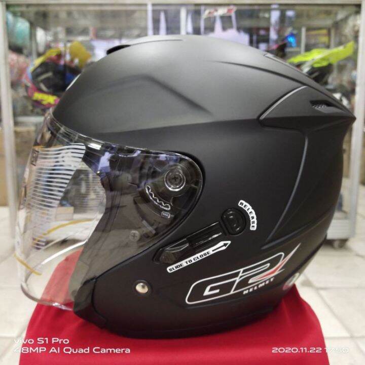 Helm Half Face G2 Optimax Hitam Doff Kaca Double Visor | Helm Pria ...