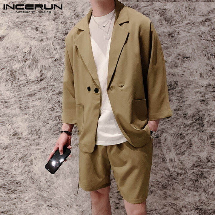 (สไตล์เกาหลี) INCERUN Mens ชุดสูททางการ3/4 Sleeve Blazer & กางเกงขาสั้น ...
