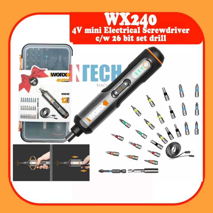WORX WX240 4V MINI CHARGEABLE ELECTRIC SCREWDRIVER WITH 26 BIT SET DRILL | Lazada