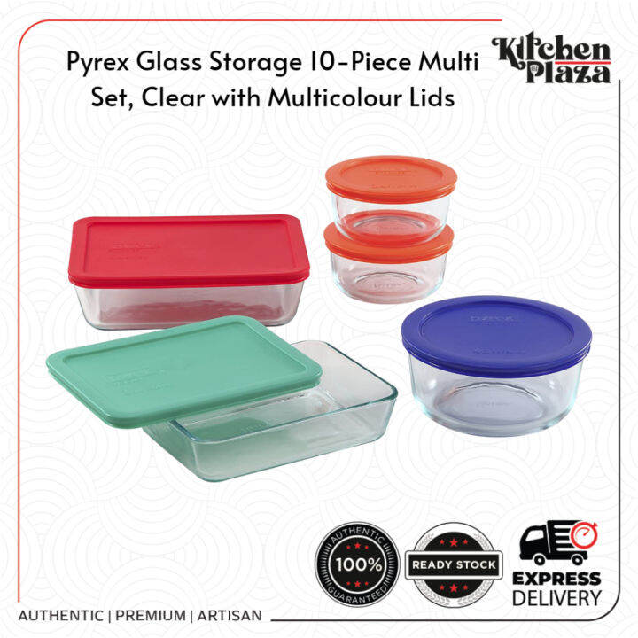 Pyrex Glass Storage 10-Piece Multi Set, Clear with Multicolour Lids ...