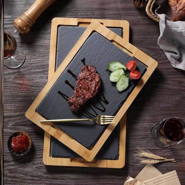Kitchen Plus Steak Board Serving Natural Stone Black Slate with Wooden ...