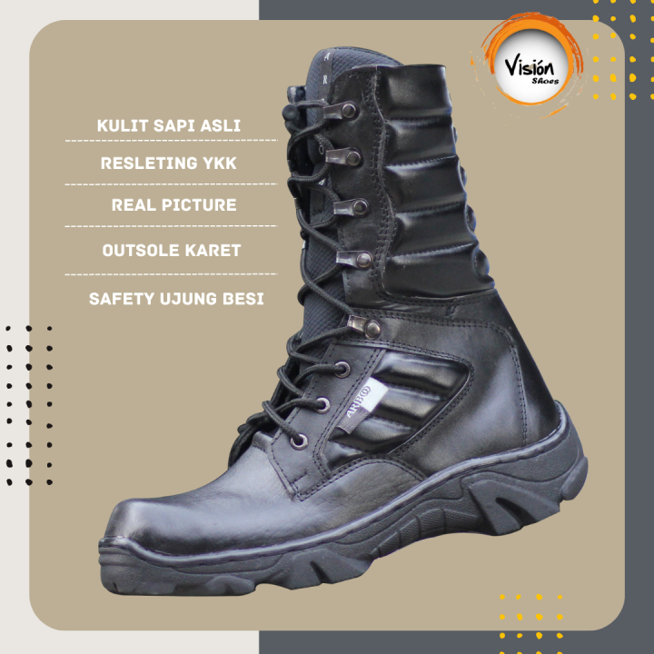 SEPATU PDL TERBARU VISION SHOES HITAM UJUNG BESI KULIT SAPI COCOK UNTUK TNI POLISI SATPAM BRIMOB ...