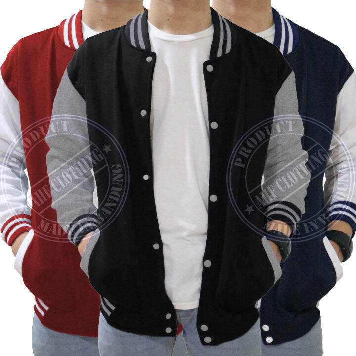 Jaket Baseball Varsity Polos Sweater BaseBall Kancing Unisex Merah Biru ...