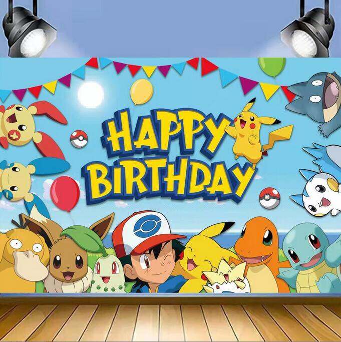 Pokémon Theme Backdrops Kids Happy Birthday Party Decoration Pikachu Photo Background Baby ...