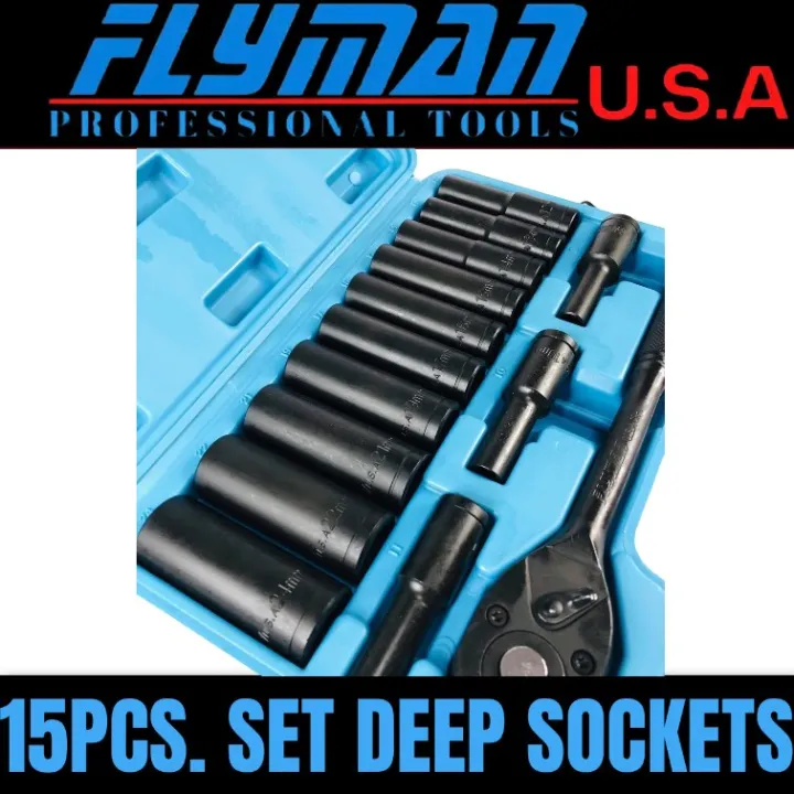 Flyman Tools 15pcs Socket Set 8MM to 24MM Deep Socket 1/2 Drive with Quick Release Ratchet ...