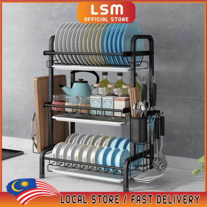 LSM 3 Layers Stainless steel kitchen dish rack With Knife&Cutting Board ...