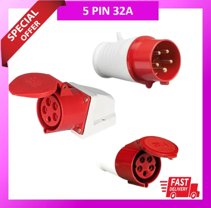 32A 5 PIN INDUSTRIAL PLUG WALL SOCKET CONNECTOR (RED)THREE PHASE | Lazada