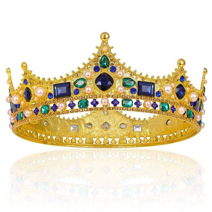 Gold King Crowns For Men Baroque Vintage Rhinestone Crystal Crown