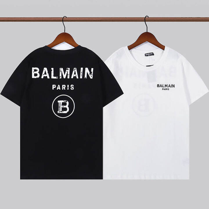 Balmain11ผู้ชายและผู้หญิงแขนสั้นเสื้อยืดสีดำและสีขาวรูปแบบใหม่ในต้นฤดูใบไม้ผลิที่เรียบง่าย ...