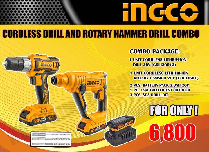INGCO CORDLESS DRILL AND CORDLESS ROTARY HAMMER COMBO PROMO 20V | Lazada PH