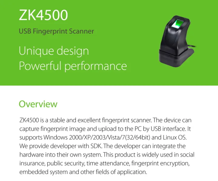 ZK4500 หัวอ่านลายนิ้วมือ เชื่อมต่อกับคอมพิวเตอร์ผ่าน USB มาพร้อมกับแผ่น ...