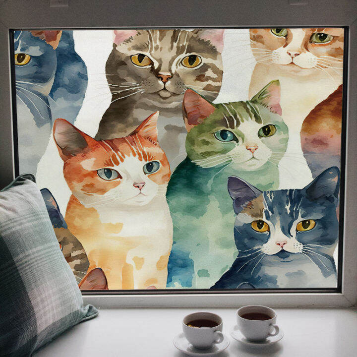 (58x60CM) สติ๊กเกอร์การ์ตูนแมว ฟิล์มฝ้าถอดได้ สติ๊กเกอร์บานเลื่อน กระดาษติดกระจกห้องน้ำ ใส-ขุ่น ...