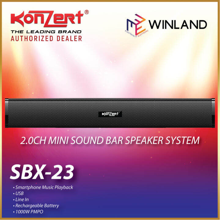 Konzert by Winland 2.0ch Mini Sound Bar System with USB & Rechargeable Battery-1000W PMPO SBX-23 ...