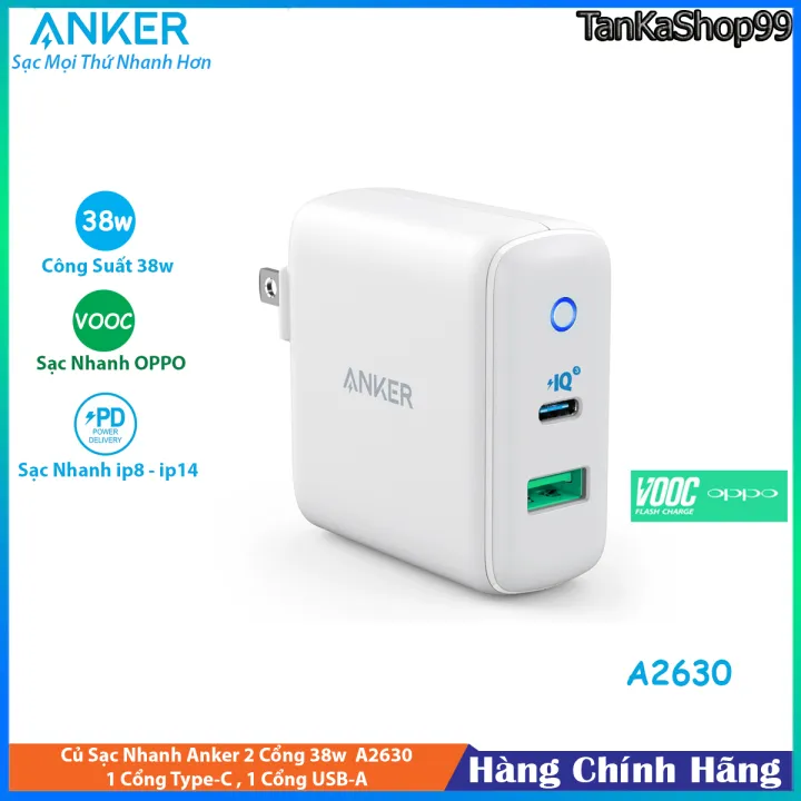 Củ Sạc Anker 38w 2 Cổng, USB-A Sạc Nhanh VOOC Oppo 20w, USB-C Sạc Nhanh ip 18w - A2630 | Lazada.vn
