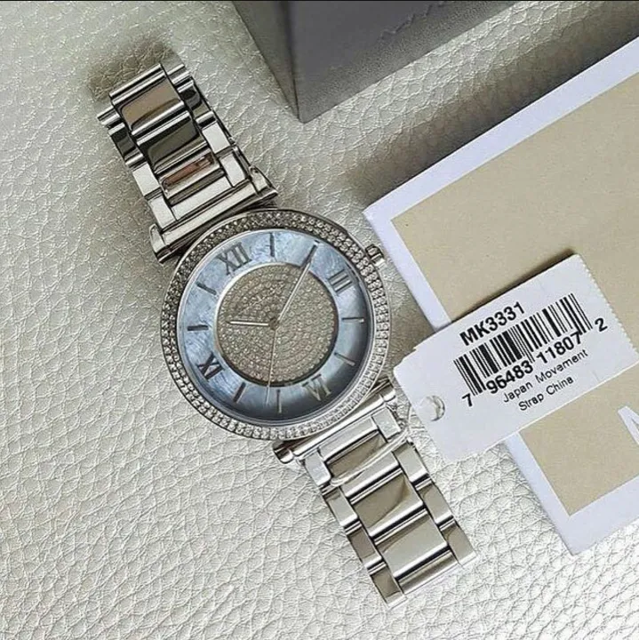 Michael Kors Caitlin Three-Hand Fixed Pave Crystal Bezel Silver Dial ...