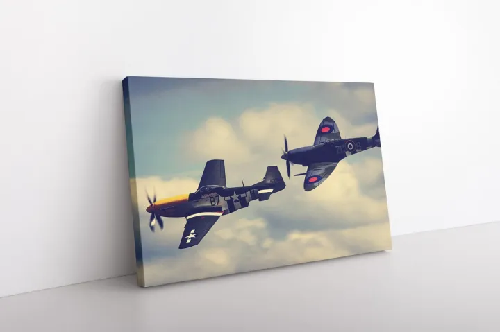 Spitfire & P52 Mustang WW2โมเดลเครื่องบินรบภาพพิมพ์ผ้าใบกรอบแขวนผนัง ...