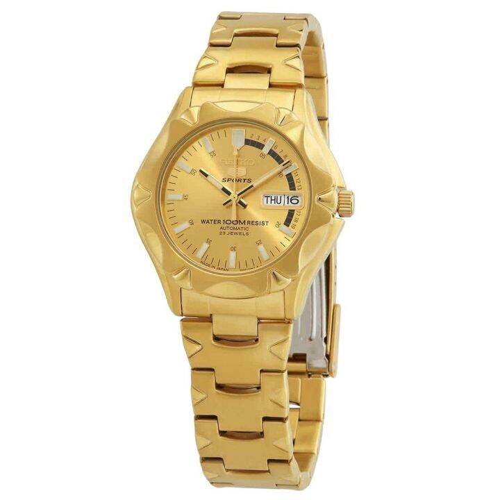 Seiko 5 Sports Gold Tone Stainless Steel Gold Dial 23 Jewels Automatic ...