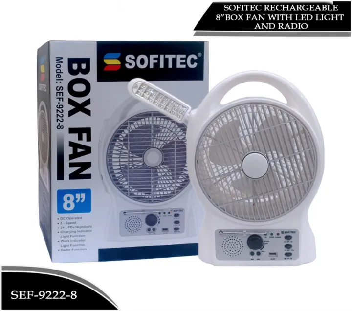 8 Inches Rechargeable Fan with FM Radio LED Light Portable Fan Electric ...