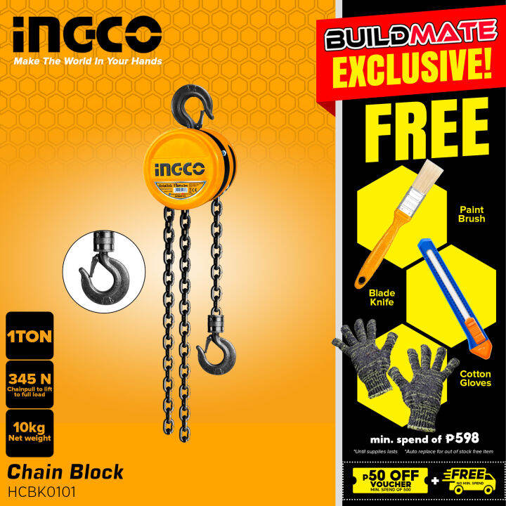 BUILDMATE Ingco Chain Block 1 Ton (10kg) 322.5N with Hook Hoisting ...