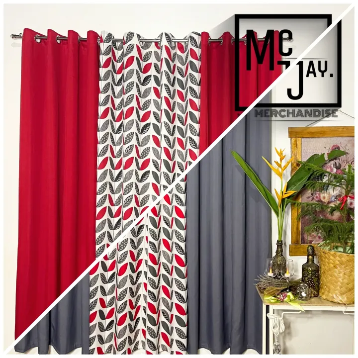 Mc Jay. - Leaf Patterns (Red/Gray) 3in1 Curtain Set ( Sold per PIECE or ...