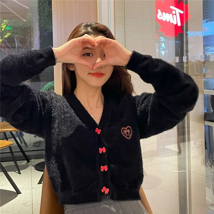 Coconie เสื้อสเวตเตอร์คอวีหวานสำหรับผู้หญิงเสื้อคาร์ดิแกนถักสไตล์เกาหลี ...