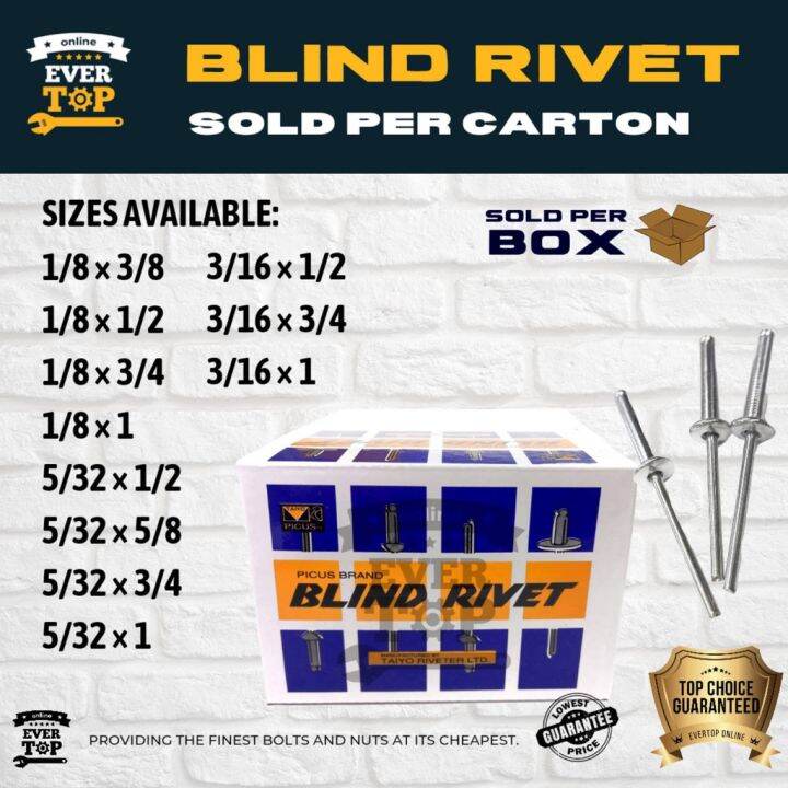 BLIND RIVETS (SOLD PER BOX) | 1/8 | 5/32 | 3/16 EverTop Online | Lazada PH