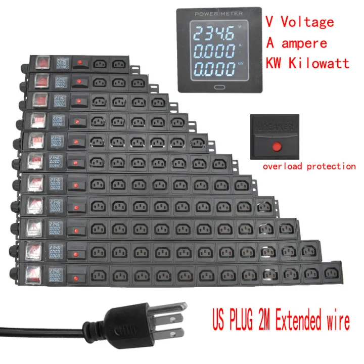 PDU Power Distribution Unit IEC C13 2-20 output Power Strip ammeter overload protection LED ...
