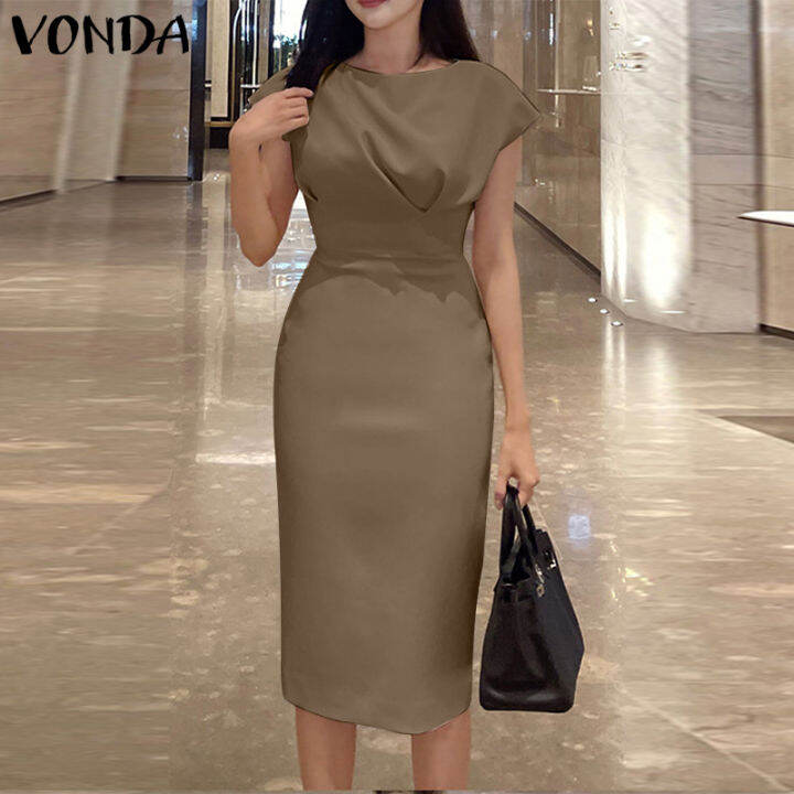 VONDA Women's Elegant Crew Necked Front OL Work H-Line Dresses (Korean ...