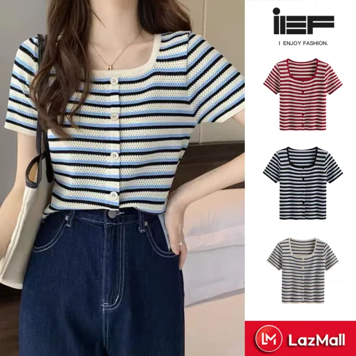 IEF 2022ใหม่สแควร์คอสลิมฟิตลายถักเสื้อกันหนาวสั้นเสื้อยืดแขนสั้นด้านบน Bottoming เสื้อผู้หญิง ...