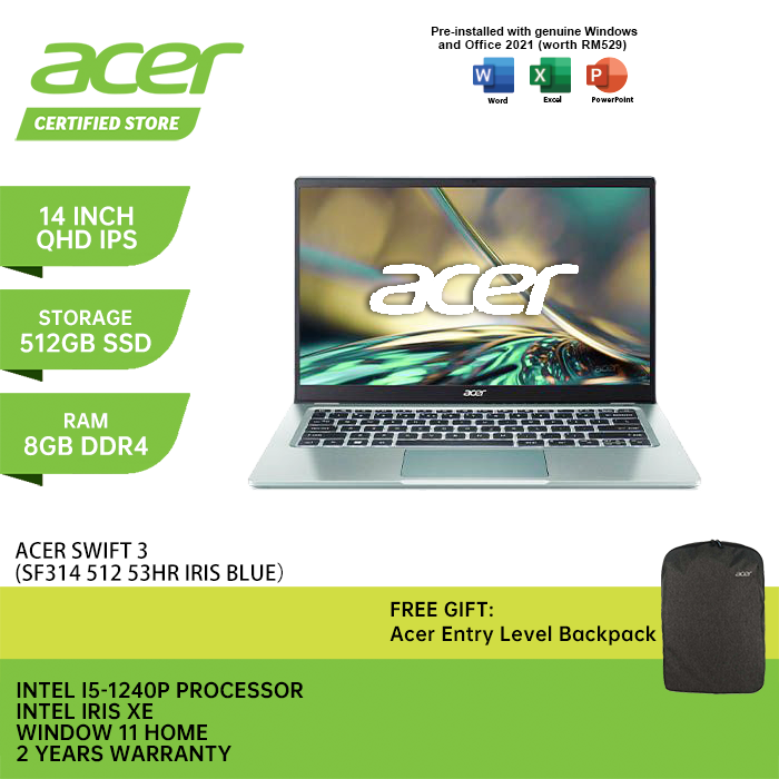 ACER LAPTOP SWIFT 3 53HR ( 14 INCH QHD IPS | INTEL I5-1240P | 8GB OB | 512GB NVME SSD | INTEL ...
