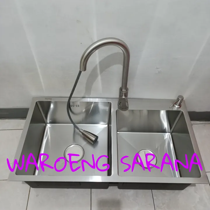 Paket KItchen Sink 2 Lubang 8245 Stainless Doff + Kran tarik / Wastafel Cuci Piring Stainless ...