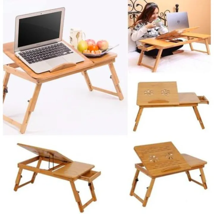 Bamboo Wood Portable Folding Bed Laptop Table Stand computer (TWO HOLE ...