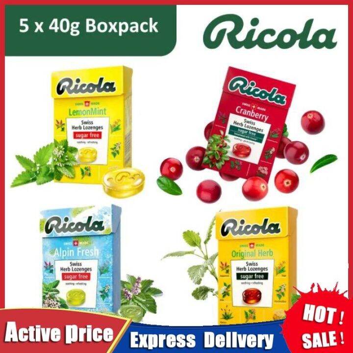 Ricola Sugar Free Candy (5 x 40g Boxpack): Alpin Fresh Cranberries Lemon Mint Original Herb ...