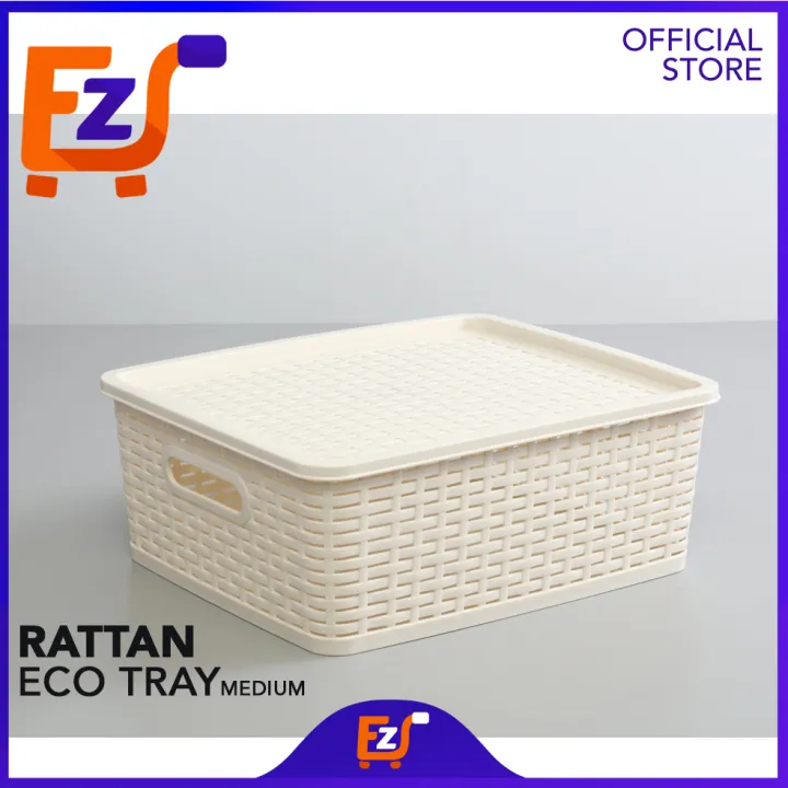 Zooey Medium Eco Rattan Tray Storage Basket with Cover Space Saving for ...